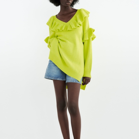 Zara | Sweaters | Nwt Zara Ruffled Knit Fluorescent Lime Sweater Xss ...